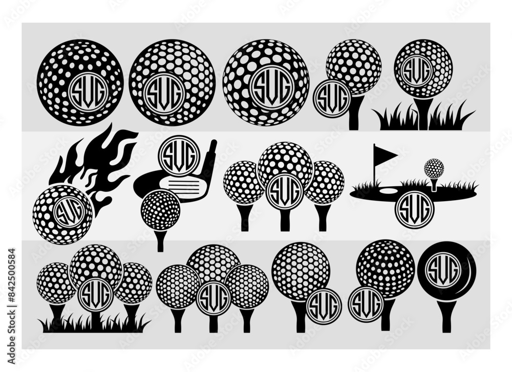 Golf Ball Circle Monogram SVG Silhouette Bundle, Golf Ball Silhouette ...