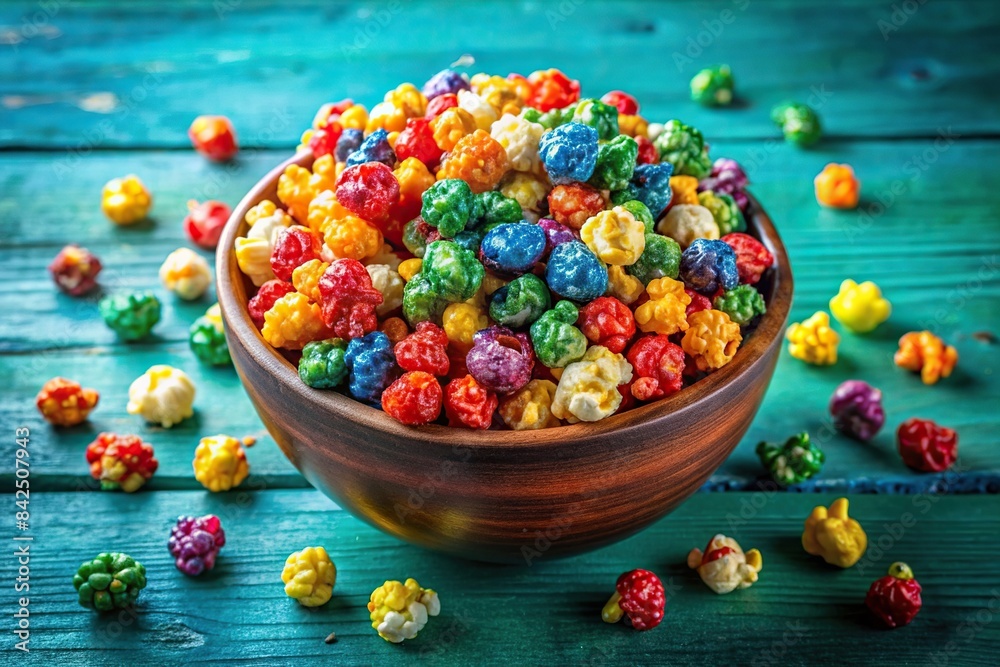 A vibrant bowl overflowing with colorful popcorn kernels, each a ...