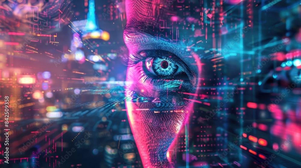 Futuristic digital eyes with neon lights and abstract data overlays ...