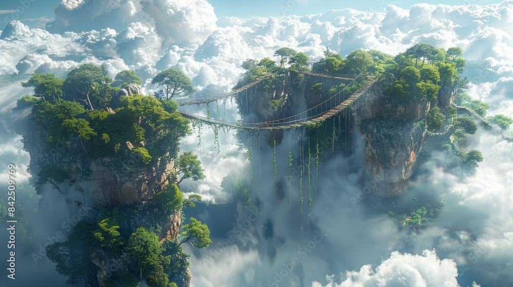 Floating islands with lush vegetation, connected by rope bridges ...
