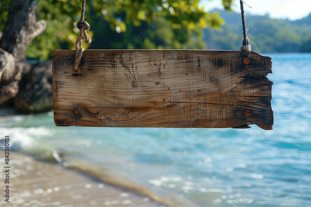Rustic wooden sign hanging by a rope with a beach background. Beach ...
