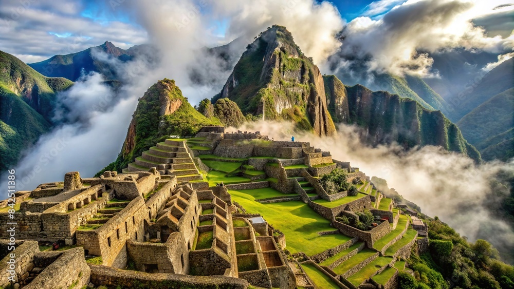 Ancient Inca ruins of Machu Picchu shrouded in mist with the majestic ...