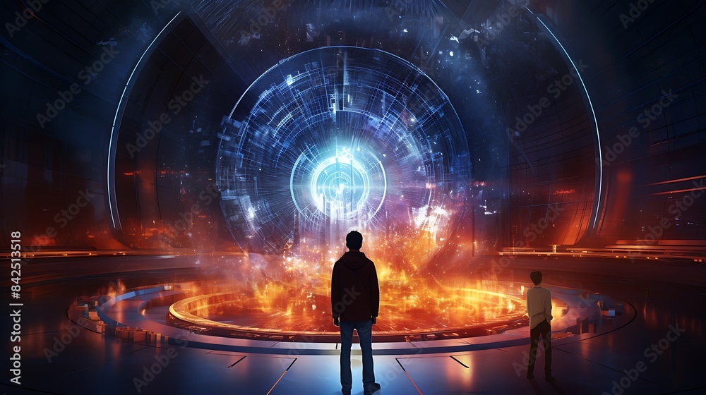 Show physicists monitoring particle collisions in a massive accelerator tunnel. Highlight ...