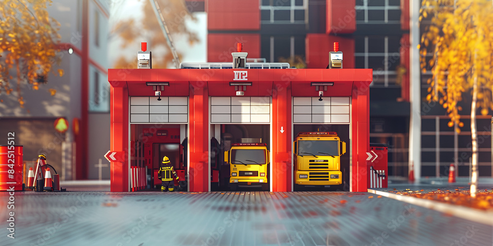 a fire station with three fire trucks parked in front of it There are ...