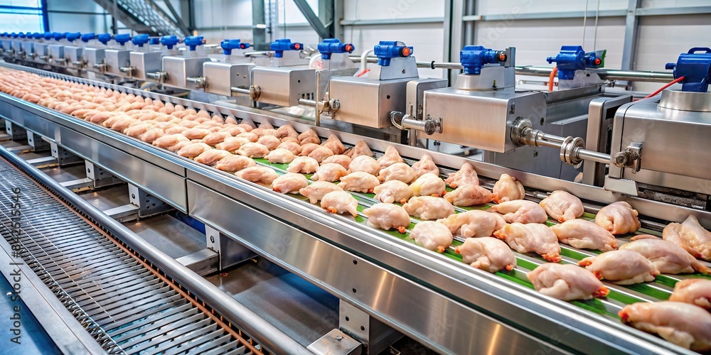 A modern, high-tech chicken fillet production line featuring a conveyor ...