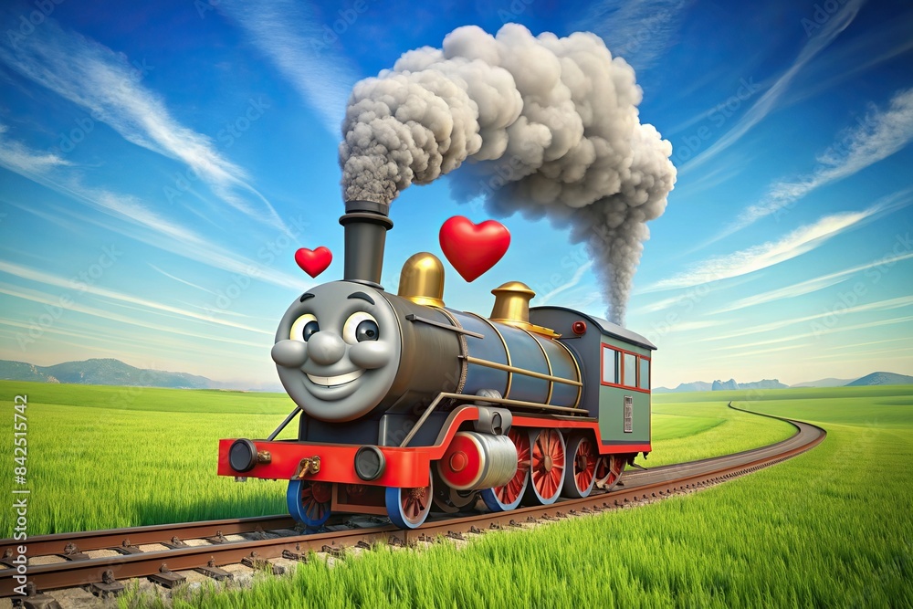 A cartoon steam locomotive with googly eyes, a toothy grin, and a jaunty red cap, blowing smoke ...