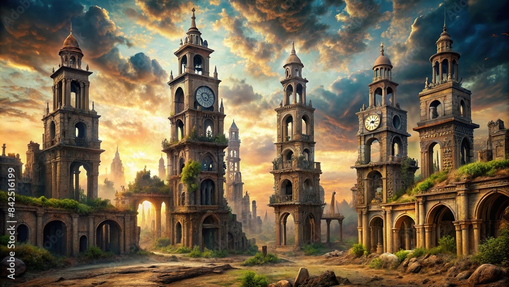 A surreal landscape where towering clock towers interweave with ...