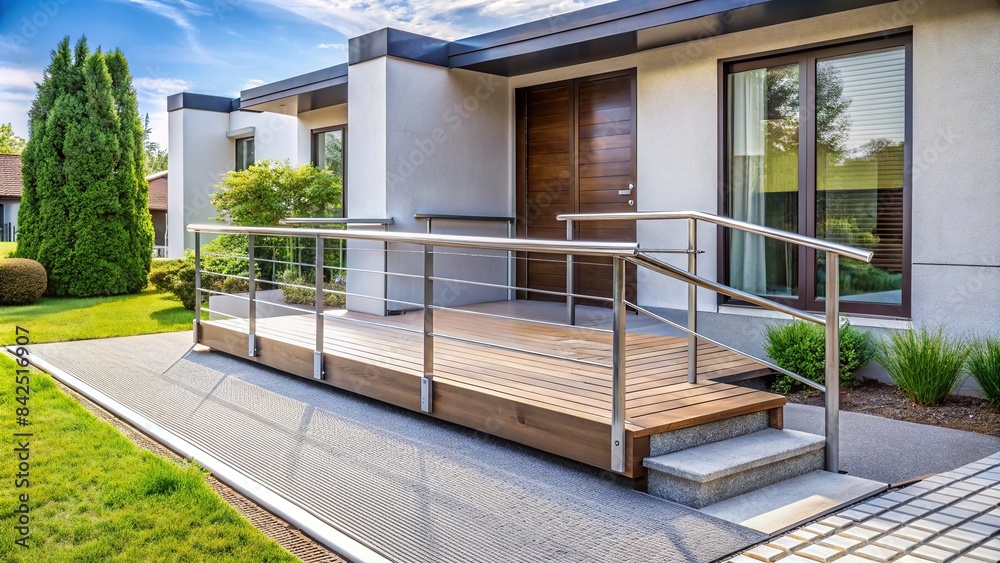 A modern, sleek wheelchair ramp leading to the front entrance of a ...