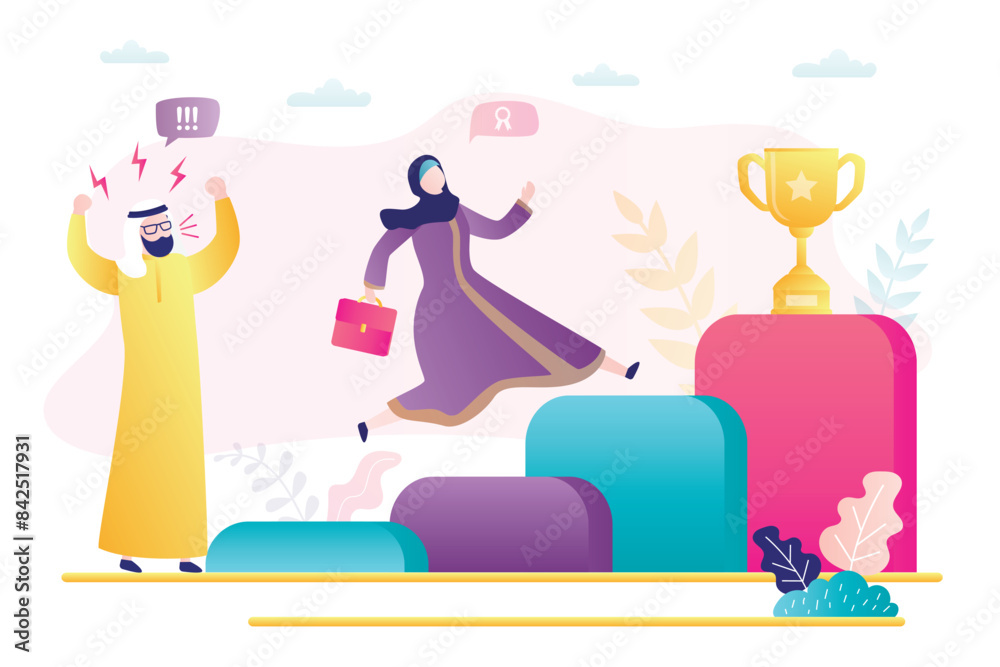 Arabic business woman in hijab runs up steps to goal and trophy. Angry ...