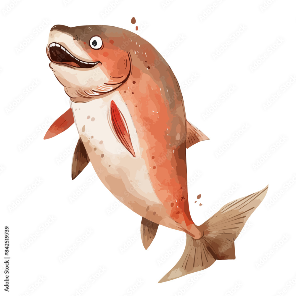 Watercolor painting of a salmon fish cartoon, isolated on a white ...