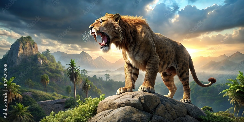 A majestic Smilodon, its massive saber teeth bared in a ferocious roar ...