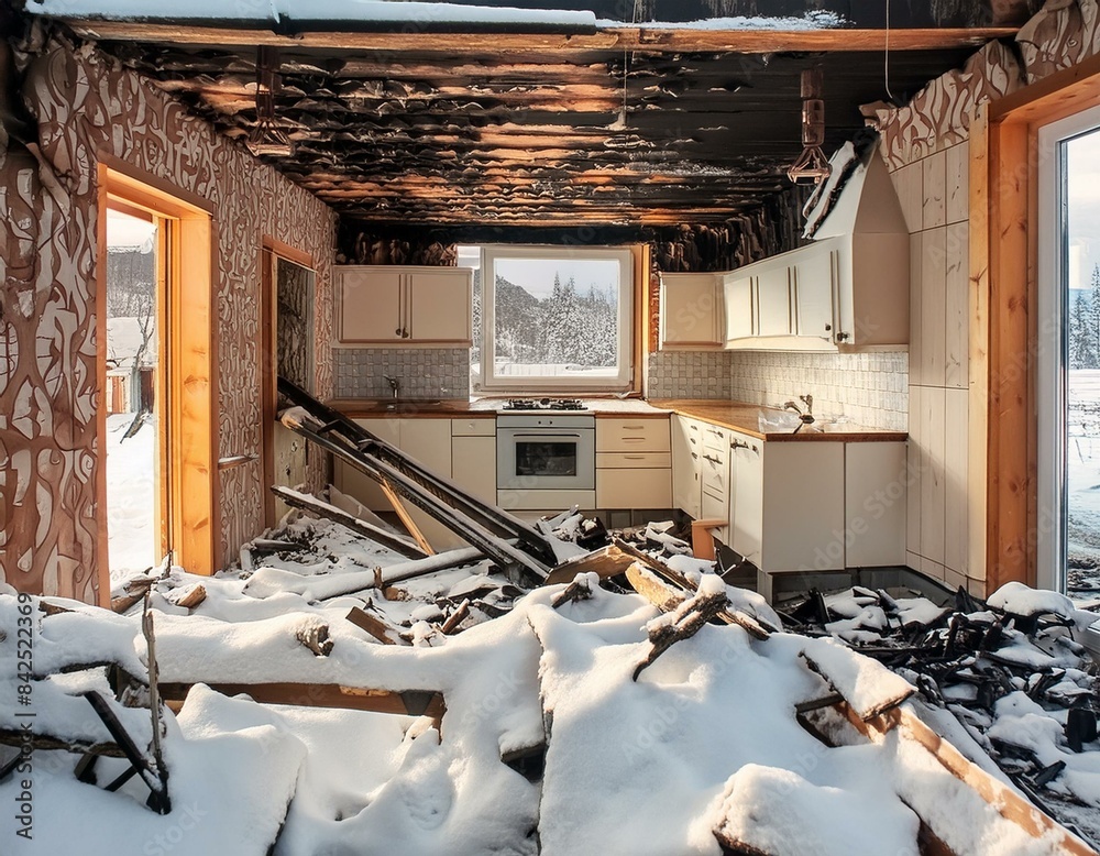 Severe damage in a kitchen after a fire with burned interiors and snow ...