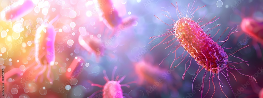 Colorful microscopic image of bacteria in a vibrant background ...