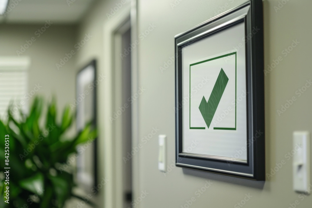 A framed certificate hanging on a wall, with a bold, green checkbox ...
