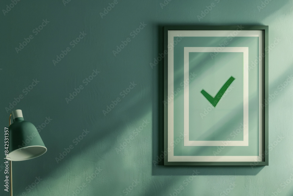A framed certificate hanging on a wall, with a bold, green checkbox ...