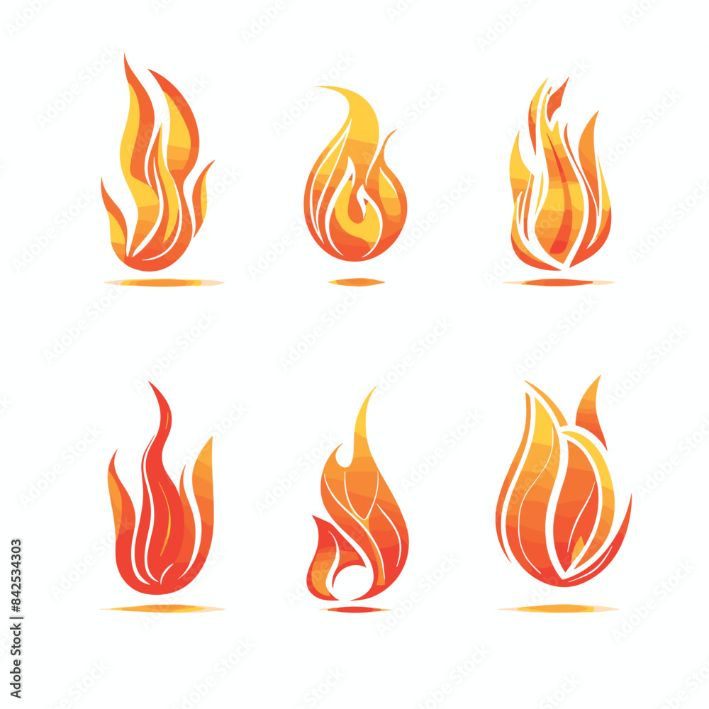 Six stylized fire flame icons vector set graphic. Different shapes ...