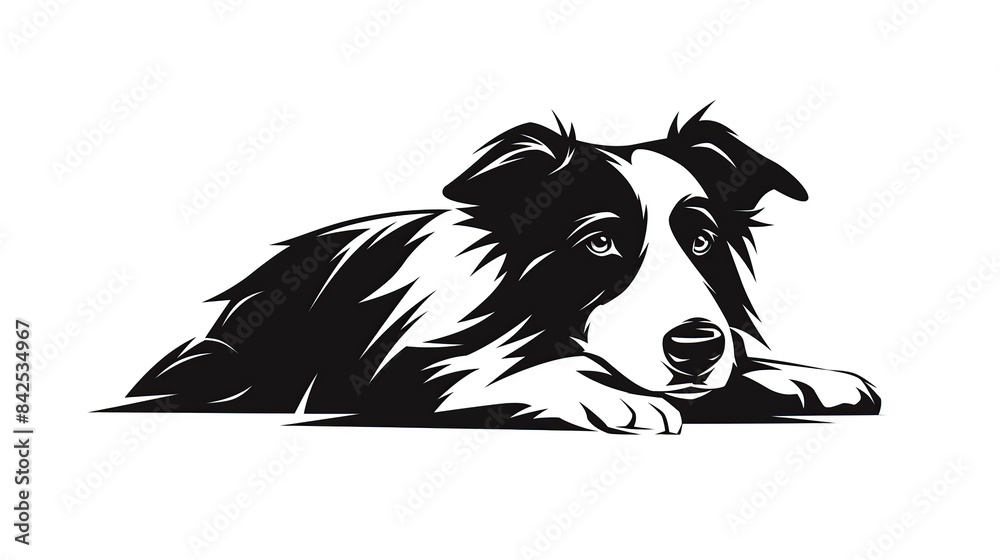 simple vector logo of border collie, laying down on the floor, white ...