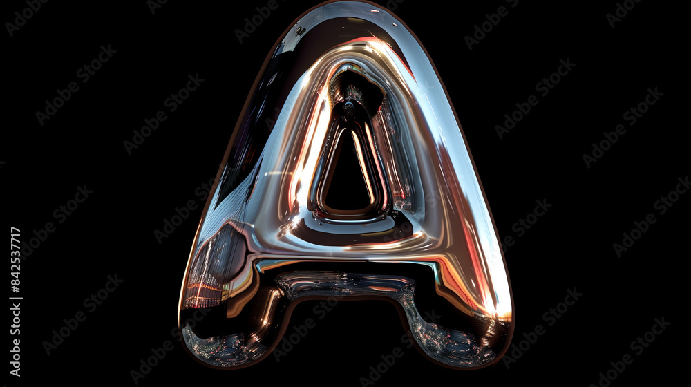 A shiny reflective letter A made of molten metal with a fluid droplet ...