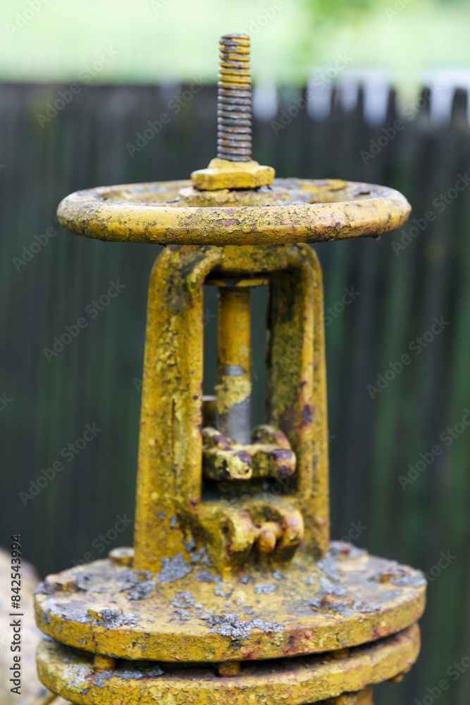 Gas pipe with big yellow valve-crane. Industrial gas pipeline laid ...