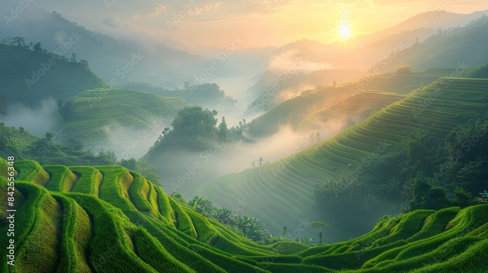 Sunrise Over Rice Terraces: Terraced rice fields glowing in the golden ...