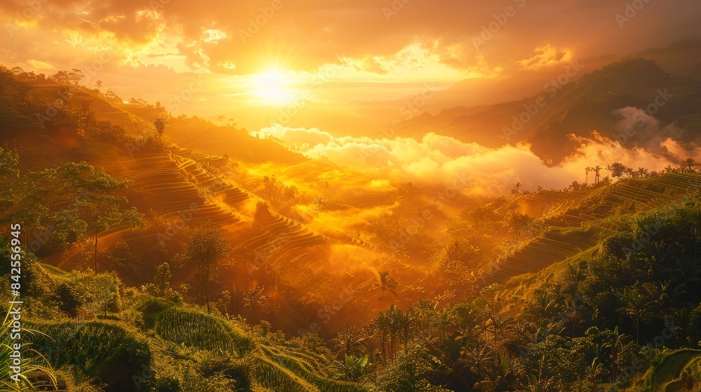 Sunrise Over Rice Terraces: Terraced rice fields glowing in the golden ...