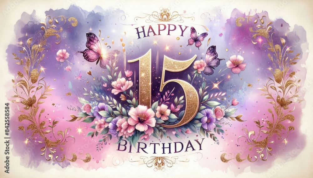 Elegant 15th Birthday Card With Floral And Butterfly Decorations Gold