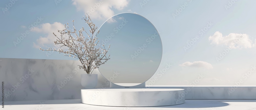 The photo shows a white marble podium with a round mirror and a ...