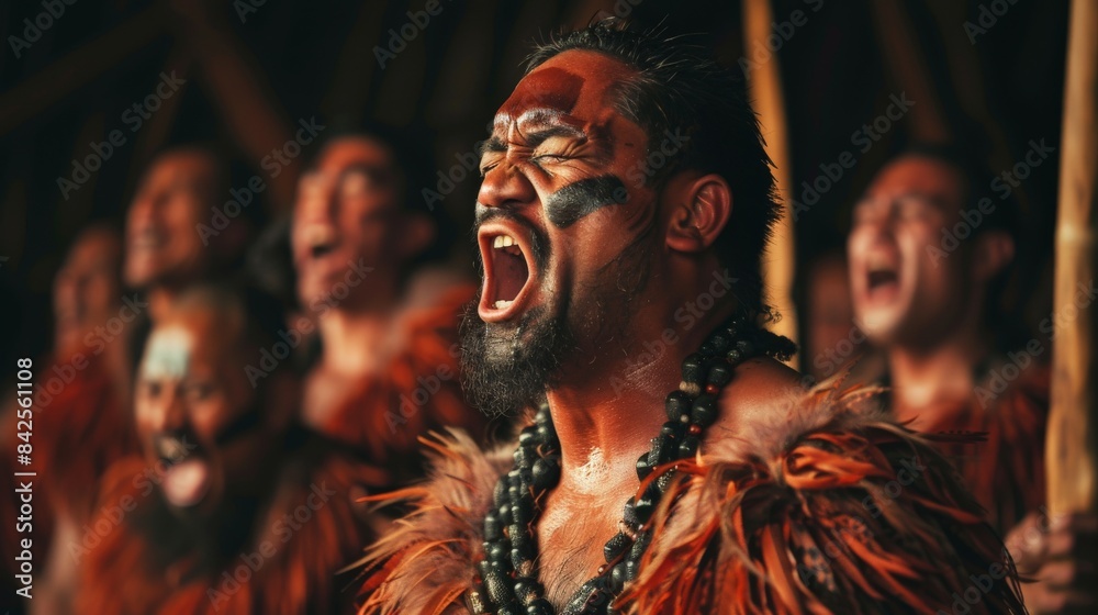 A group of Maori performing the haka at a cultural event, demonstrating ...