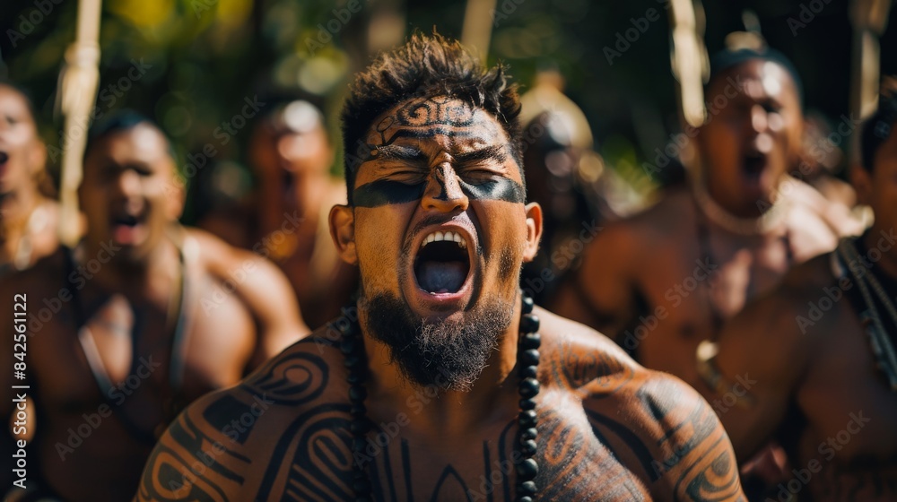 A group of Maori performing the haka at a cultural event, demonstrating ...