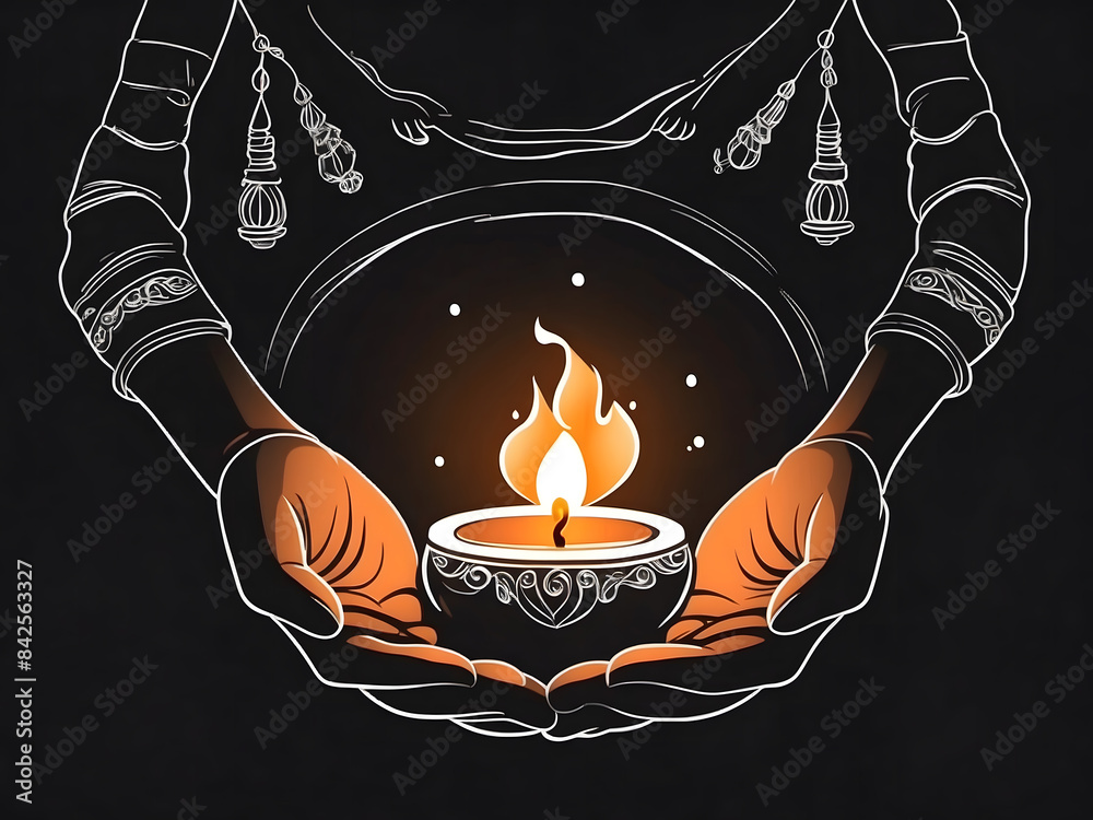Holding Diwali oil lamp cartoon human hands outline illustration ...