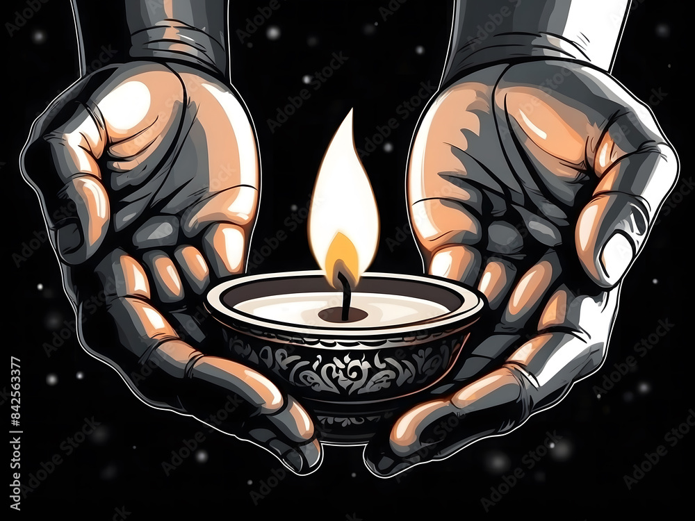 Holding Diwali oil lamp cartoon human hands outline illustration ...