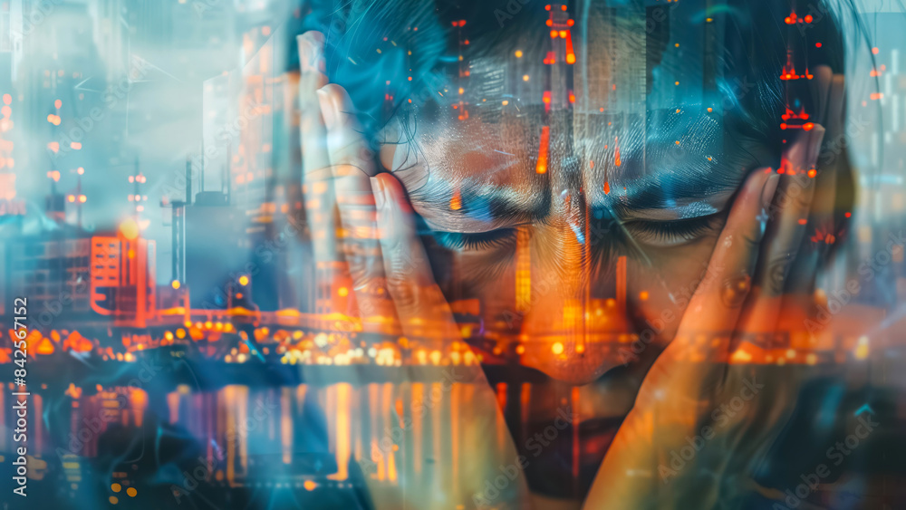 The illustration depicts emotions of distress in a busy urban scene ...