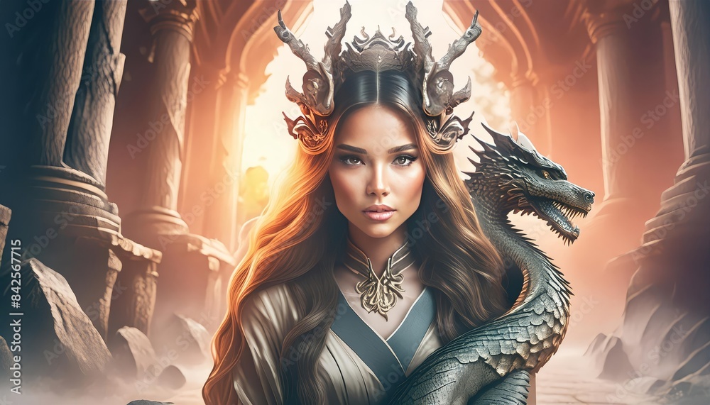 Fantasy queen adorned with an ornate crown, standing confidently with a ...