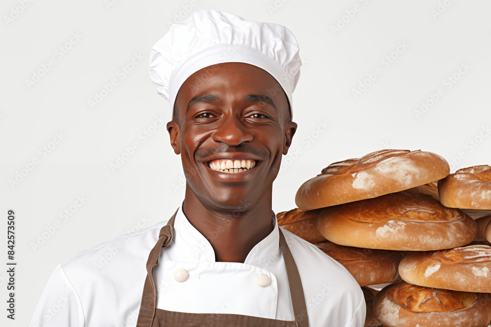 Smiling black man pastry chef on white background. Bakery professions ...