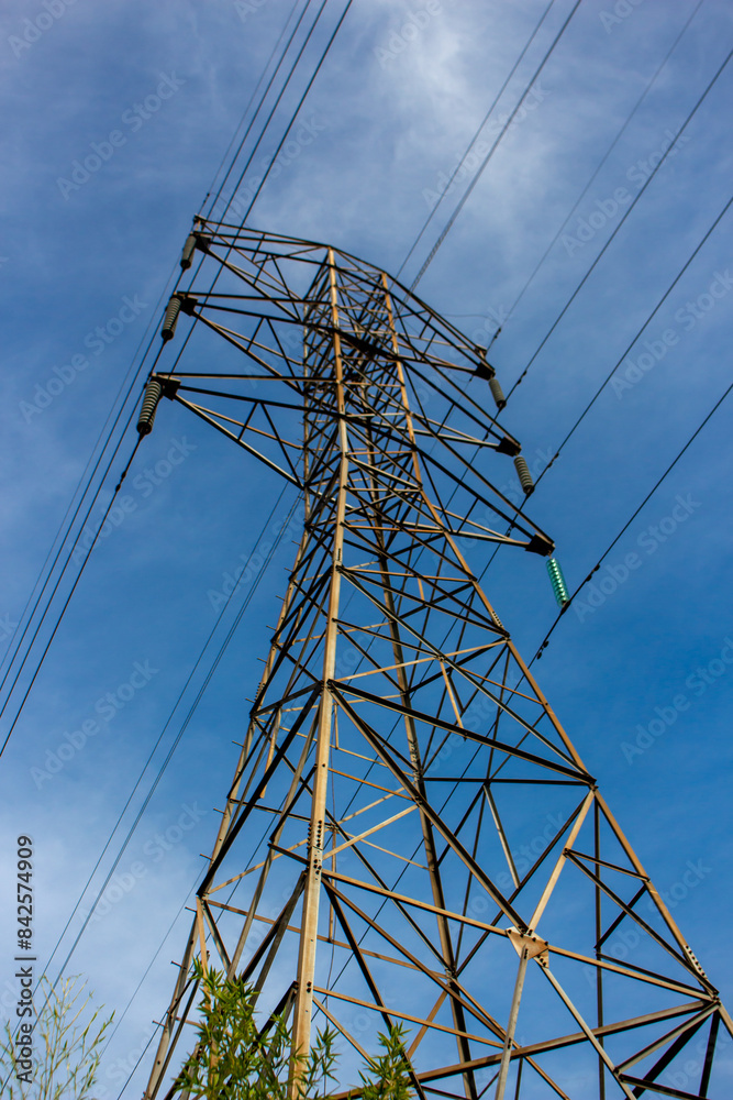 high voltage pylon against blue sky, Sute tower electric high voltage ...