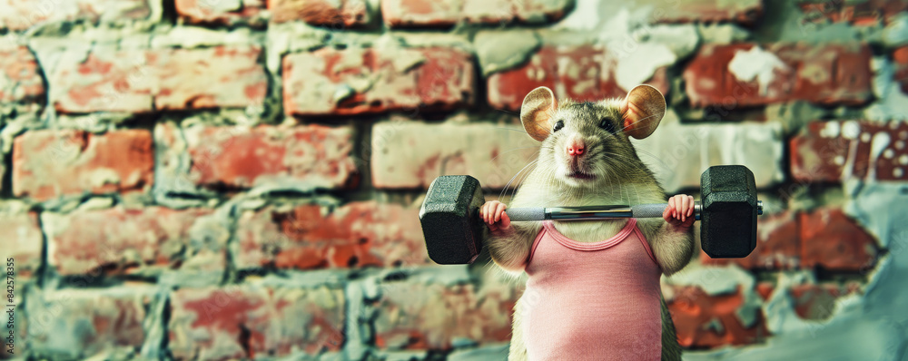 Rat or mouse wearing pink t-shirt lifting weights and working out in a ...