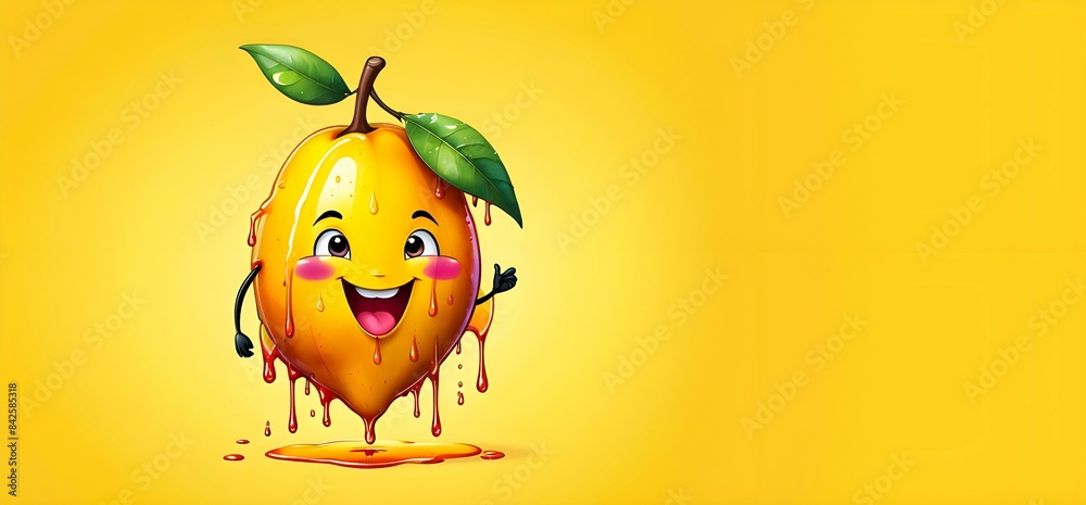 Cartoon illustration of funny mango character with watercolor dripping ...