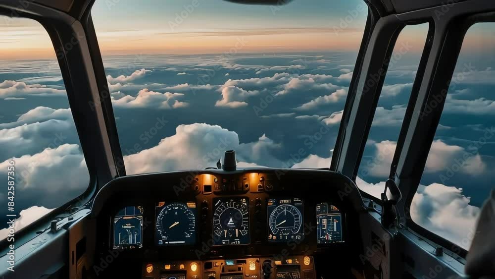 Cockpit pilot Flight Deck display. Throttle jet cabin with control ...
