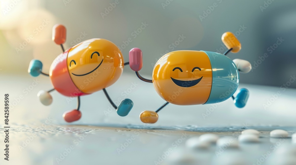 A realistic photo of a couple of pills and tablets with smiley faces ...