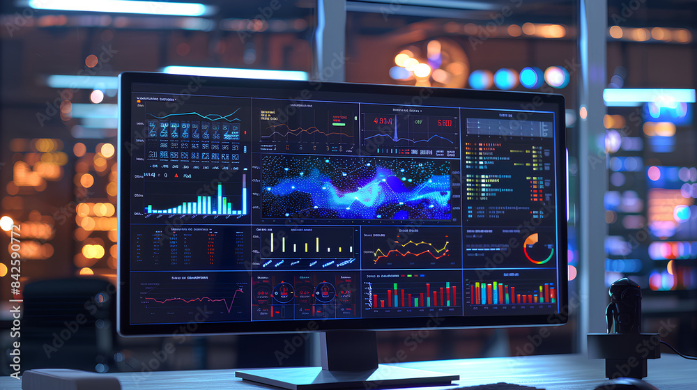 Computer monitor displaying an abstract network monitoring dashboard with real-time data ...