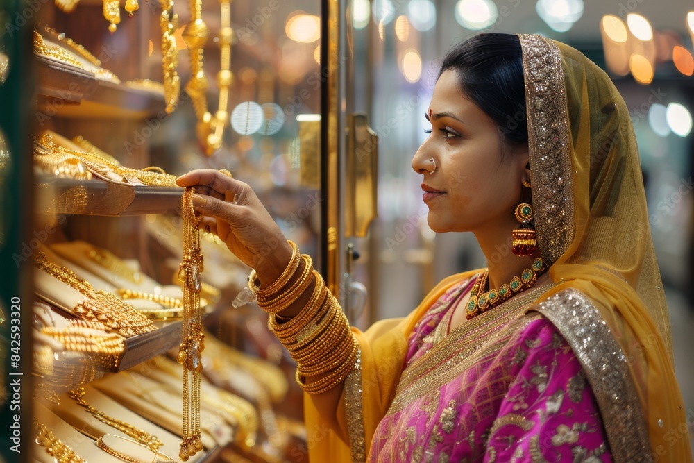 Woman in traditional attire admiring gold jewelry in a shop. Stock ...