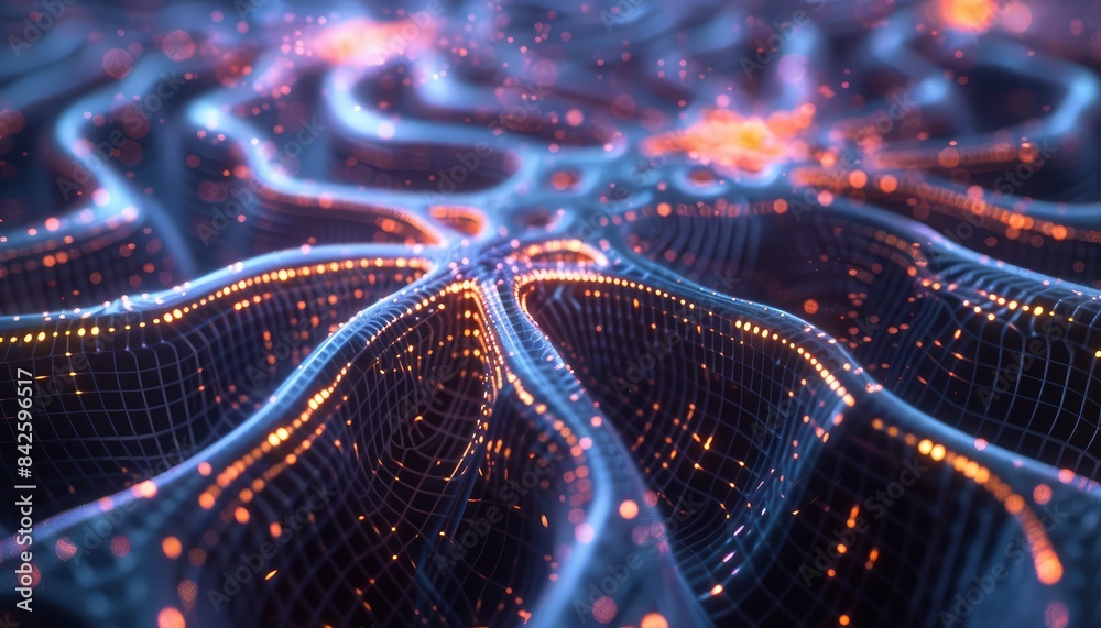 Futuristic neural network visualized with glowing, interconnected nodes and lines. Stock ...
