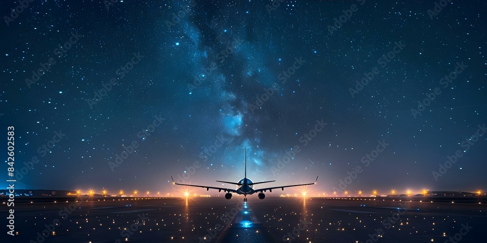 Runway lights illuminate planes against starry sky creating mesmerizing ...