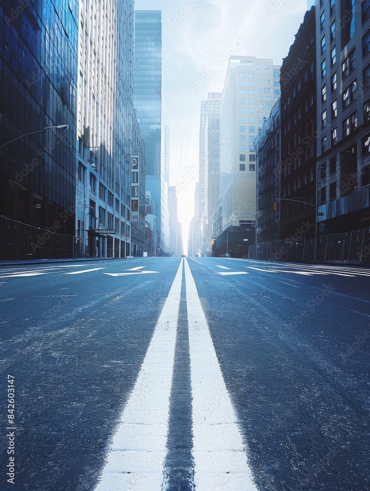 a line of white markings on the street straddling a city, in the style ...