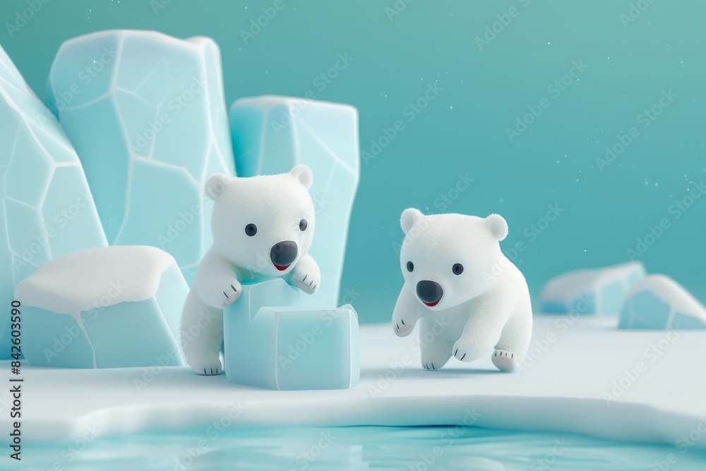 candid style , fluffy cute polar bear mama and her one cub pushing and ...