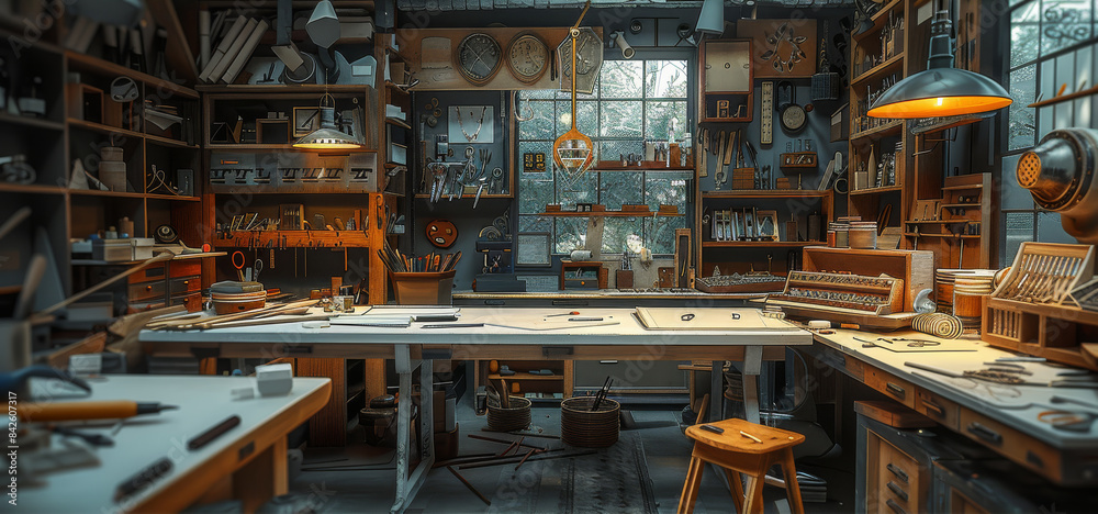 A jewelry design studio, featuring a well-organized workspace with ...