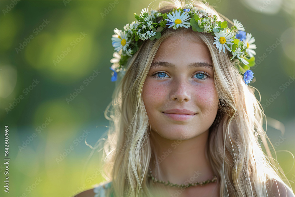Beautiful Swedish girl, young woman with blonde hair. Wreath of daisies ...
