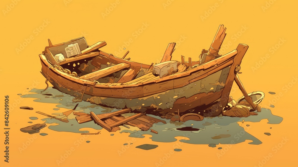 Illustration of a shipwreck icon in a cartoon 2d style showcasing an ...