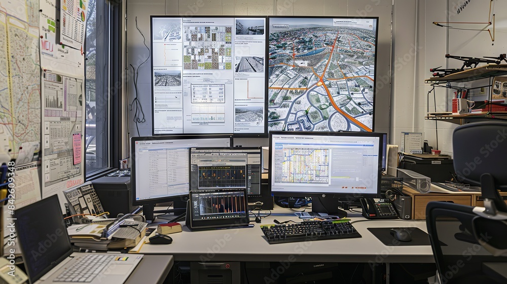 A photo of an office cubicle with two monitors, showing map and drone ...