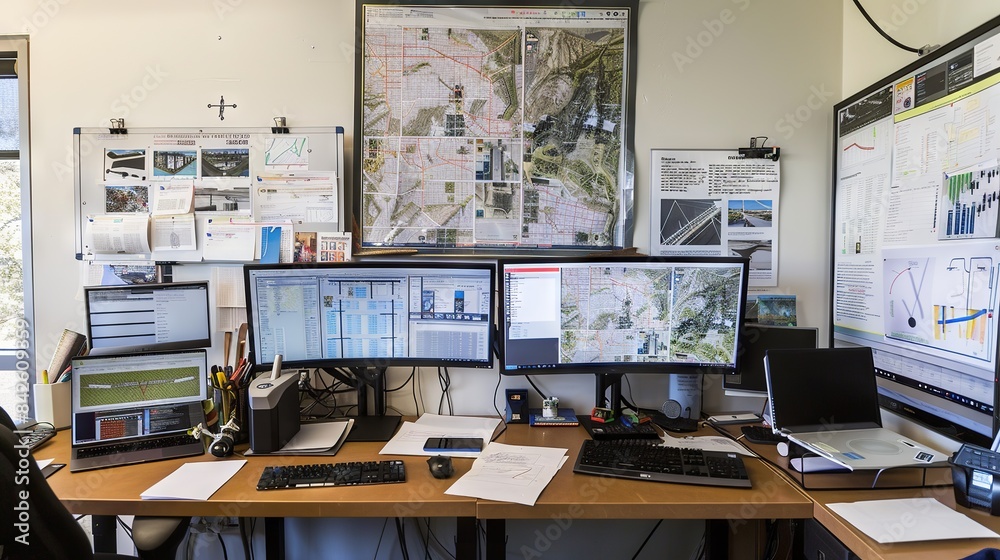A photo of an office cubicle with two monitors, showing map and drone ...